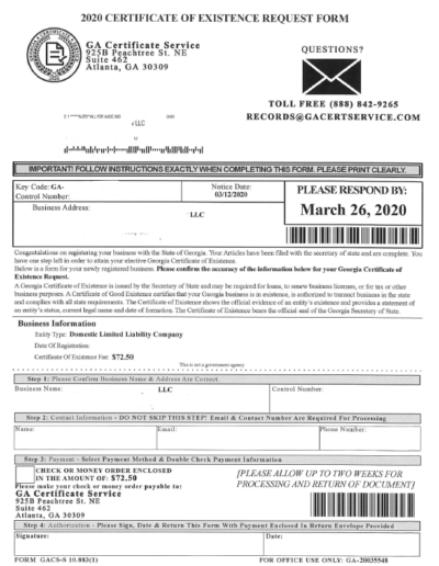 New Business Scam: Certificate of Existence - Grissom Law, LLC
